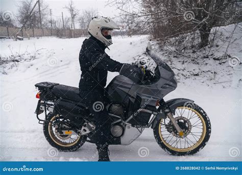 Rider Man On Adventure Motorcycle Winter Fun Snowy Day The Snow Fall