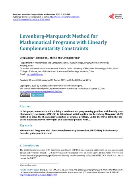 Pdf Levenberg Marquardt Method For Mathematical Programs With