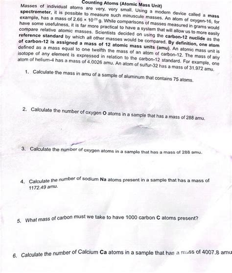 Solved Counting Atoms Atomic Mass Unit Masses Of Chegg Com
