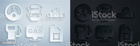 위치 및 주유소 금속 파이프 밸브 가솔린 또는 모터 오일 용 캐니스터 유조선 선박 및 모터 게이지 아이콘을 설정합니다 벡터 0