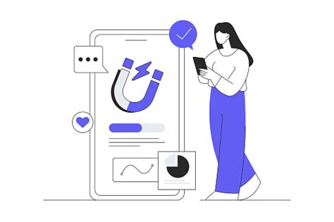 모바일 마케팅 웹 컨셉 광고 콘텐츠를 만들고 바이럴 콘텐츠를 사용하고 마그넷으로 구독자를 끌어들이는 여성 블로거 평면 만화 벡터 일러스트 레이 션 아이콘 스타일리시한 추상