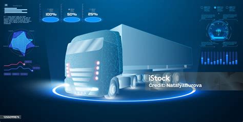자율 스마트 트럭 무인 차량 인공 지능은 자율 주행 트럭을 제어합니다 Hud Ui Gui에서 홀로그램 자동차 스타일 트럭 추상 벡터 3d 무거운 트럭 밴 벡터 일러스트레이션