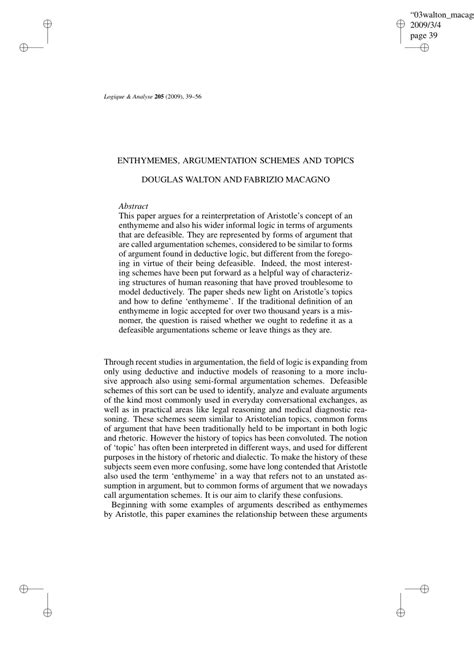 Pdf Argumentation Schemes And Enthymemes