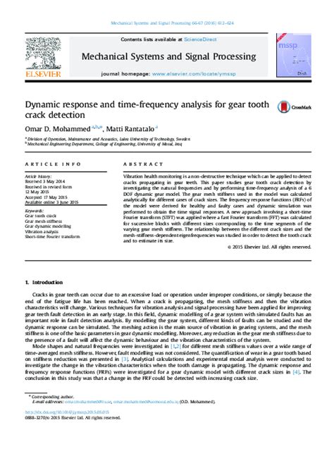 Pdf Dynamic Response And Time Frequency Analysis For Gear Tooth Crack Detection
