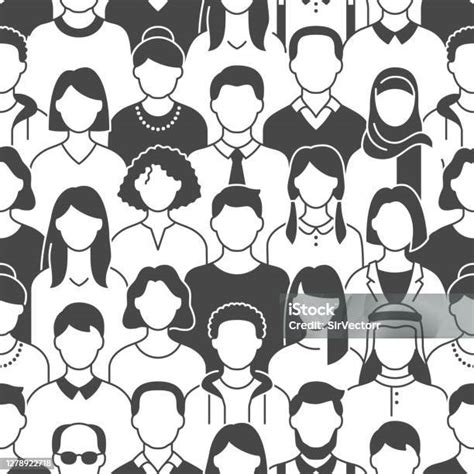 사람들의 군중 벡터 원활한 패턴 다양한 인식 할 수없는 비즈니스 남자 여성 글리프 아이콘흑백 배경 블랙 화이트 컬러 실루엣 일러스트 다민족 그룹에 대한 스톡 벡터 아트 및