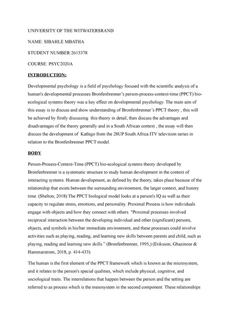 Psyc2020 Leccture Notes University Of The Witwatersrand Name