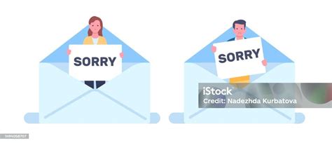슬픈 여자와 남자가 미안하다는 말로 서명하는 편지 사과하는 사람들 사과 편지 용서를 구하는 사람 실수를 후회하십시오 종이 봉투 벡터 개념 남자에 대한 스톡 벡터 아트 및