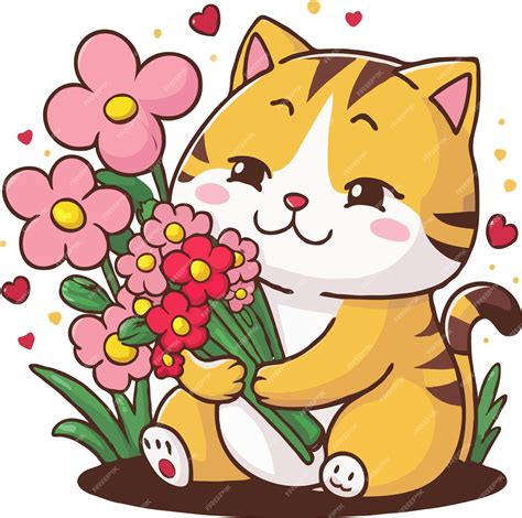 Premium Vector Cute Chibi Art Fat Cat Chibi Is In Love With A Bouquet Of Spring Flowers