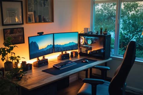 High Tech Dual Monitor Home Office Setup With Ergonomic Chair And Professional Lighting For