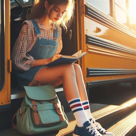 School Girl On School Bus Steps Premium Ai Generated Image
