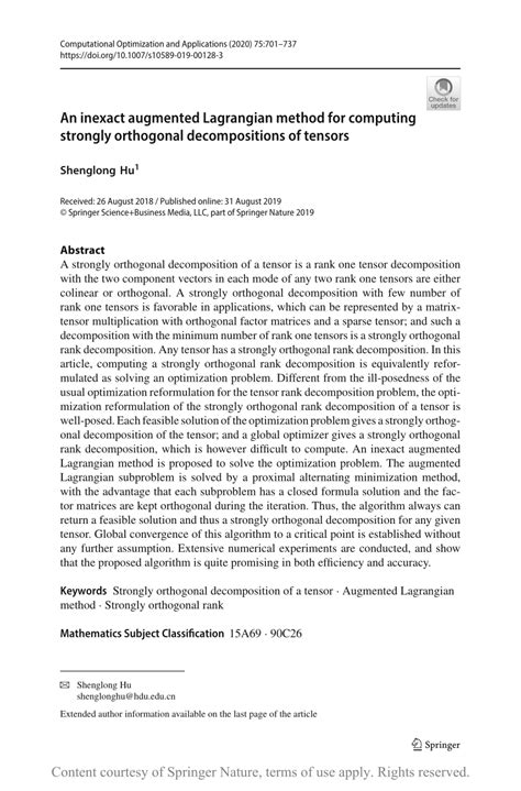 An Inexact Augmented Lagrangian Method For Computing Strongly Orthogonal Decompositions Of Tensors