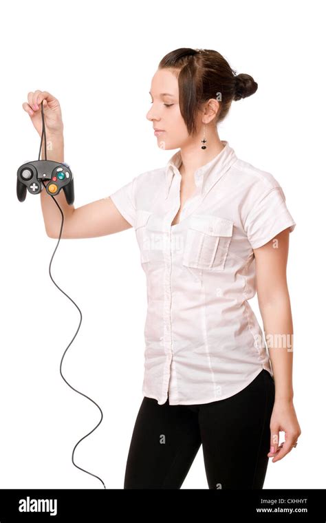 Charming Brunette Girl With A Joystick Stock Photo Alamy