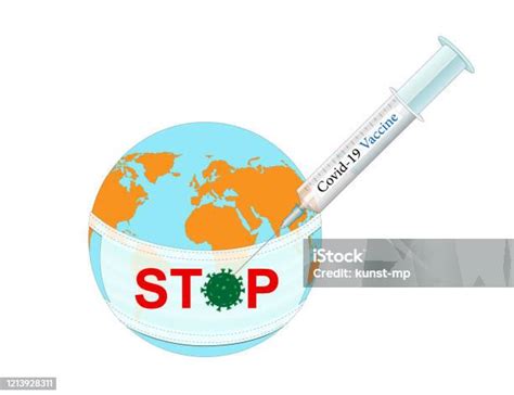 코로나 바이러스는 백신 접종으로 전 세계적으로 확산 중지 얼굴 마스크와 주사기와 글로브 흰색 배경에 고립 벡터 그림 3차원 형태에 대한 스톡 벡터 아트 및 기타 이미지