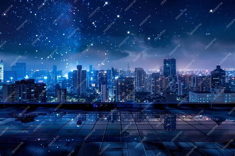 Breathtaking Nighttime Cityscape With A Captivating Starry Sky Reflected In The Tranquilwet