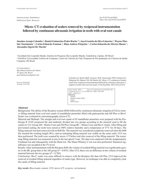 Pdf Micro Ct Evaluation Of Sealers Removal By Reciprocal Instrumentation Followed By
