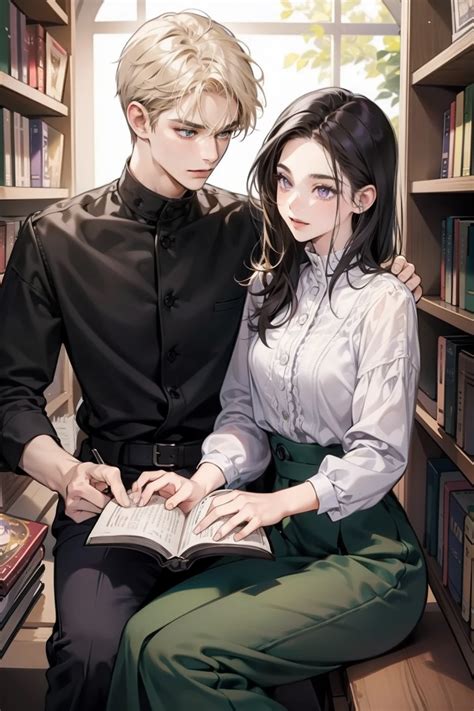 도서관 책장에 앉아 있는 애니메이션 커플 Seaart Ai