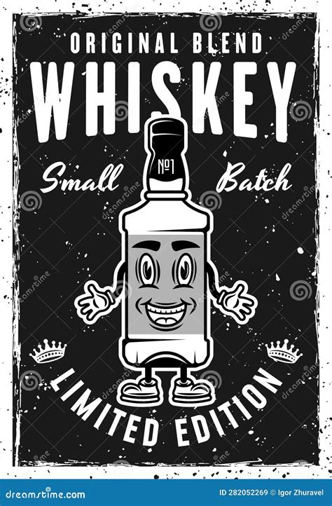 Whiskey Bottle Vintage Black Poster Template Cartoon Mascot Smiling