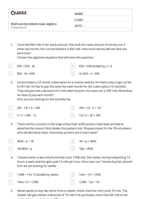 Math Word Problems Worksheets For Th Grade On Quizizz Free