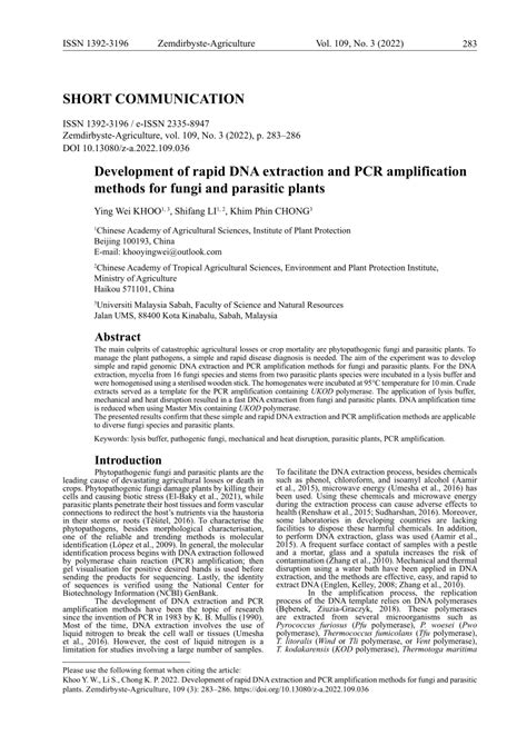 Pdf Development Of Rapid Dna Extraction And Pcr Amplification Methods For Fungi And Parasitic