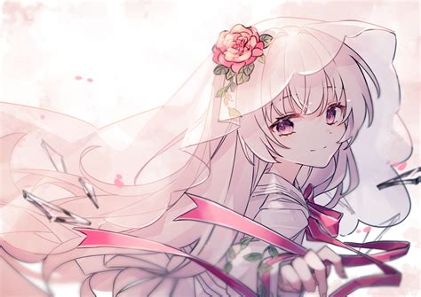 Arcaea Bow Flowers Gray Hair Headdress Hikari Arcaea Long Hair Miyu
