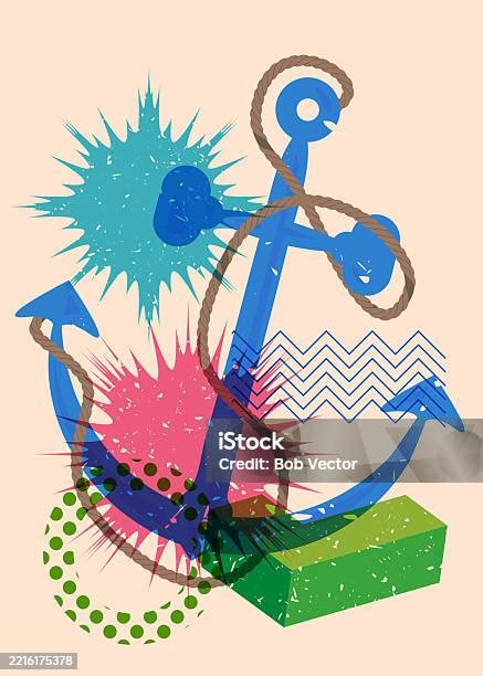 기하학적 모양의 리소그래프 앵커 트렌디한 Riso Graph의 개체는 기하학 요소가 있는 질감 스타일 디자인을 인쇄합니다 강철에