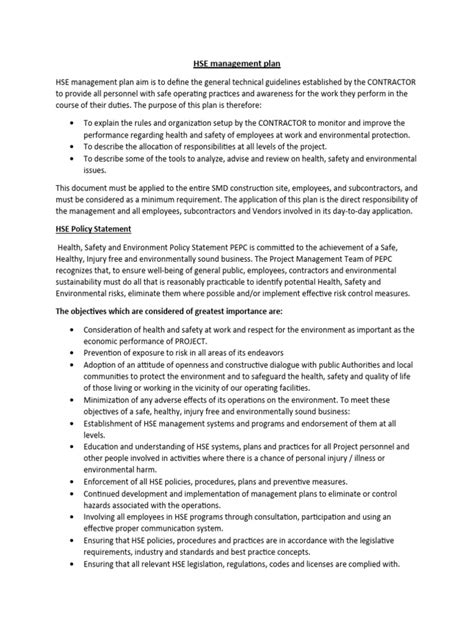 Hse Management Plan Pdf Safety Occupational Safety And Health