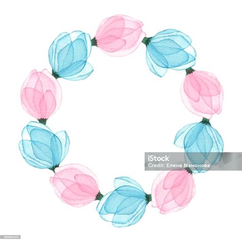 흰색 배경에 고립 된 투명 꽃잎이있는 분홍색과 파란색 꽃 봉오리의 수채화 화환 결혼식 초대장 인사말 프리젠 테이션 직물 0명에 대한 스톡 벡터 아트 및 기타 이미지 Istock