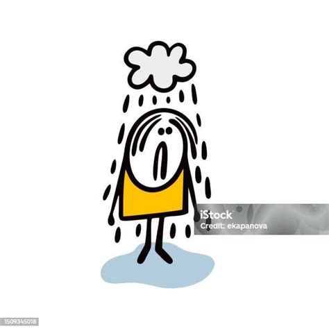 불행한 Stickman 빗방울 아래 젖은 서 있습니다 슬픈 남자와 나쁜 구름 같은 비오는 날씨의 벡터 그림 일러스트레이션에 대한 스톡 벡터 아트 및 기타 이미지 Istock