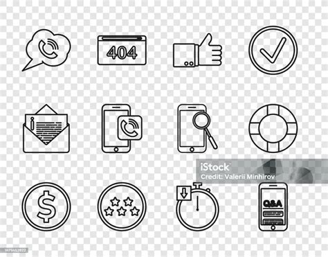 달러 모바일 질문 및 느낌표 손 엄지 손가락 5 성급 등급 검토 말풍선 전화 스톱워치 및 구명 부표 아이콘으로 라인 동전 돈을 설정합니다 벡터 1위에 대한 스톡 벡터 아트