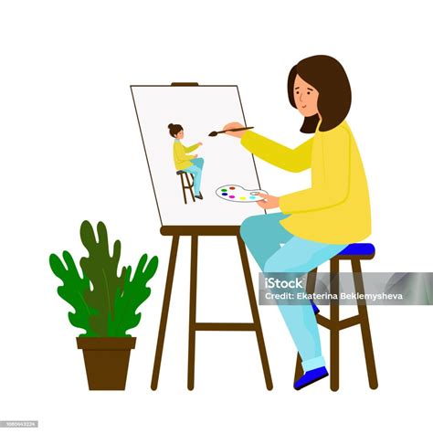 소녀 그림을 그립니다 예술가 자화상을 만듭니다 이 젤에 앉아 젊은 여자를 초상화를 그리는 그림 그리기에 대한 스톡 벡터 아트 및 기타 이미지 Istock