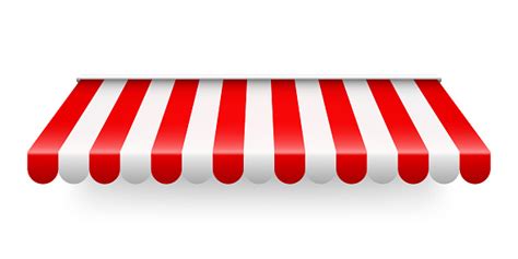 흰색 배경에 고립 된 빨간 가게 선쉐이드 사실적인 줄무늬 카페 차양 야외 시장 텐트 지붕 캐노피 여름 거리 상점 벡터