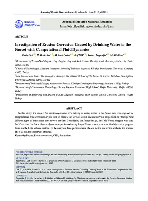 Pdf Investigation Of Erosion Corrosion Caused By Drinking Water In The Faucet With