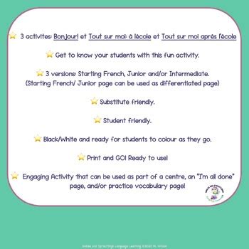 Tout Sur Moi Core FSL 4 8 Junior F I French All About Me Activity Pages