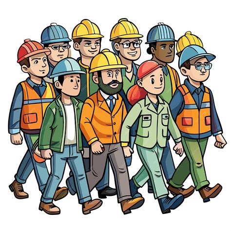 A Group Of Cartoon Construction Workers Walking In A Line Premium Ai