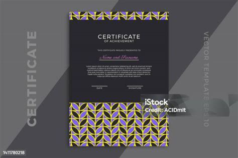 졸업 또는 과정 완료를위한 트렌디 한 비즈니스 디플로마 모형 현대적인 최소한의 기하학적 패턴을 가진 감사의 수직 어두운 템플릿