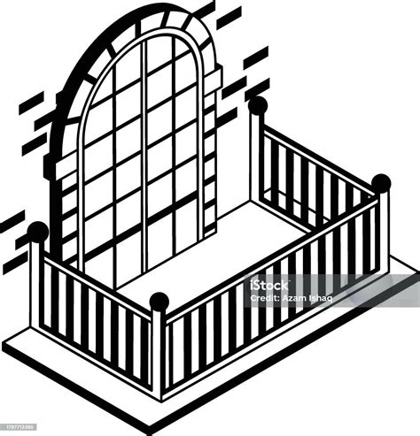 반달 격자 패턴 벽돌 벽 아치형 창 아이소 메트릭 개념 벡터 아이콘 디자인 발코니 창 정면도 기호 빈티지 클래식 발코니 외관 그림과 집 외관 디자인 아이디어 건물 정면에
