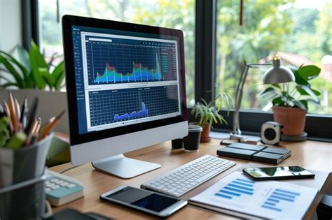 Workspace With A Computer Displaying Analytics And Graphs Surrounded By Various Office Items