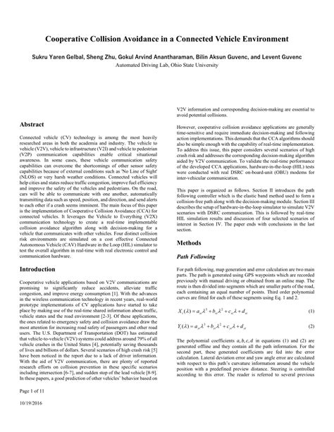 Pdf Cooperative Collision Avoidance In A Connected Vehicle Environment