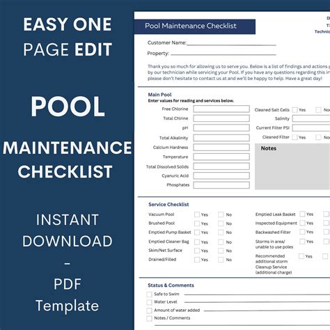 Pool Cleaning Checklist Template Simple Digital PDF Efficient Pool