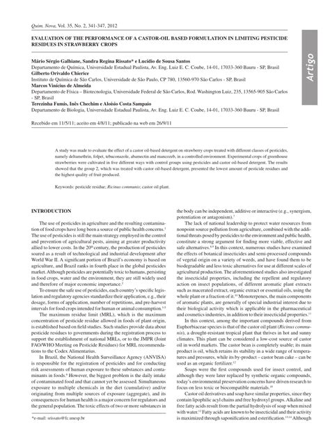 Pdf Evaluation Of The Performance Of A Castor Oil Based Formulation In Limiting Pesticide