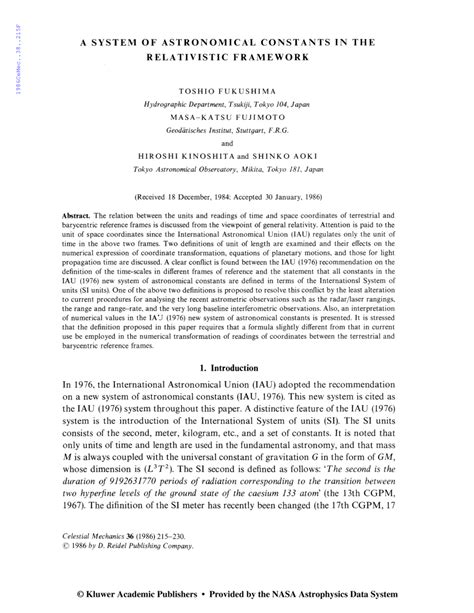 Pdf System Of Astronomical Constants In The Relativistic Framework