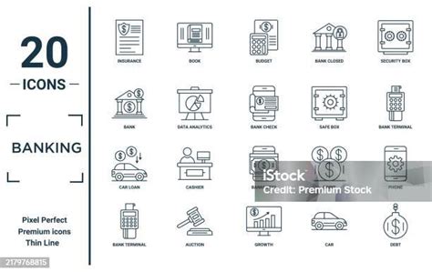 은행 선형 아이콘 세트입니다 얇은 라인 보험 은행 자동차 대출 은행 터미널 부채 은행 수표 보고서 프리젠 테이션 다이어그램 웹 디자인을위한 전화 아이콘을 포함합니다 0명에