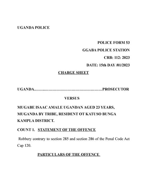 Charge Sheet 1 Clarified Uganda Police Police Form 53 Ggaba Police Station Crb 112 2023