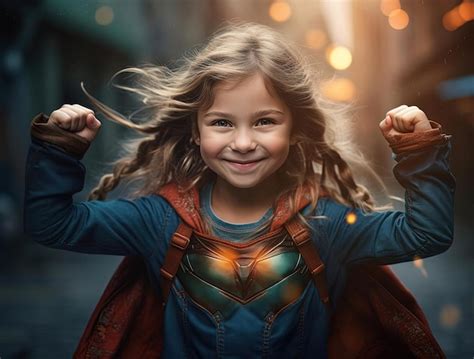 Premium Photo A Small Girl With Super Hero Outfit Showing Her Arms In The Style Of Femi