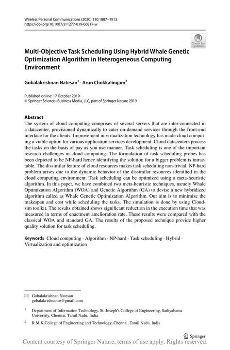 Multi Objective Task Scheduling Using Hybrid Whale Genetic Optimization Algorithm In