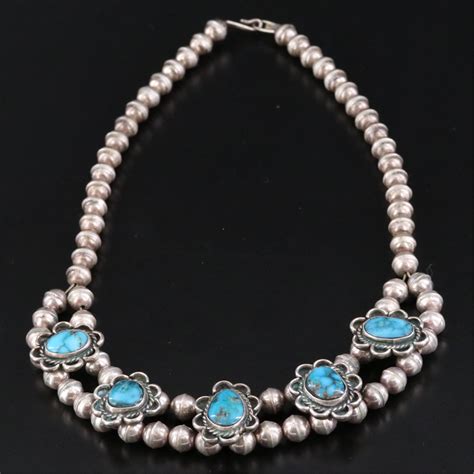 Southwestern Sterling Turquoise Necklace With Bench Beads Ebth