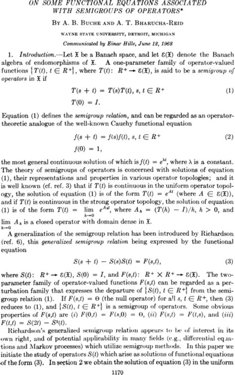 On Some Functional Equations Associated With Semigroups Of Operators Pnas