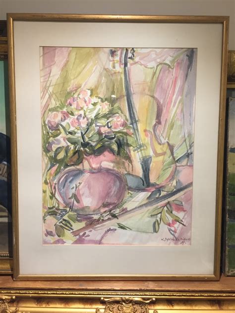 Original Large Watercolour Still Life 1987 With Violin By Maria Diduch