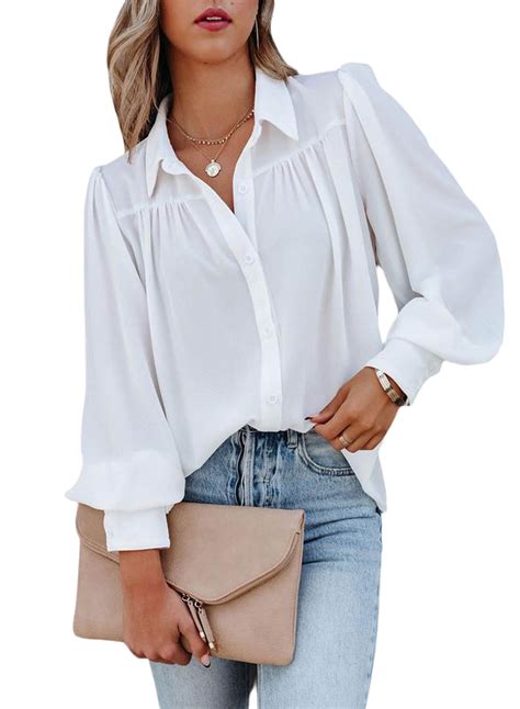 Farysays Long Sleeve White Blouse For Womens Flowy Tops White Button