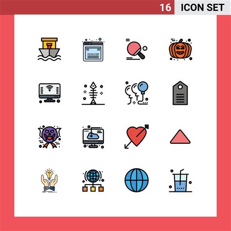 Editable Vector Line Pack Of 16 Simple Flat Color Filled Lines Of Computer Pumpkin Racket